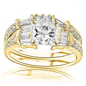 14k yellow gold 1.33 ctw princess cut baguette and round brilliant diamond engagement ring and wedding band set, f-g color si2-i1 clarity 0.5 ct center