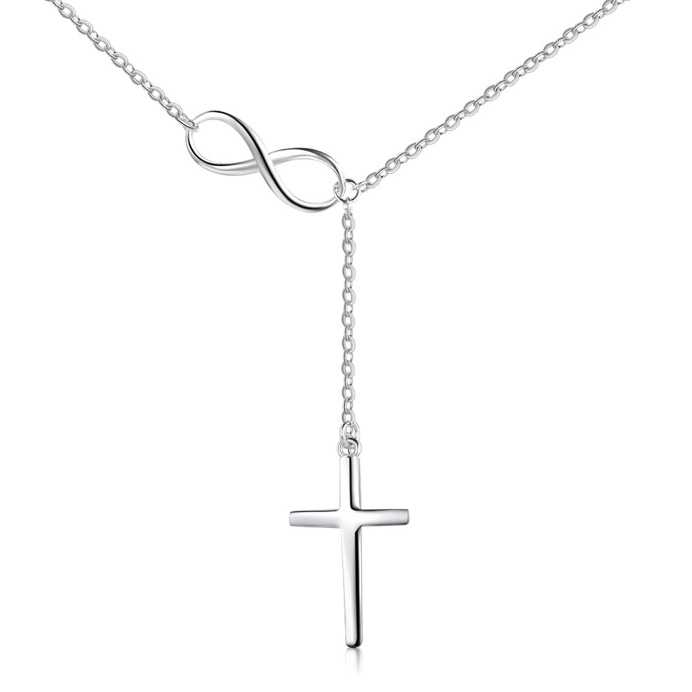 SQKXKLCZ 925 Sterling Silver Infinity Cross Pendant Religious Necklace, Rolo Chain 16''+2''