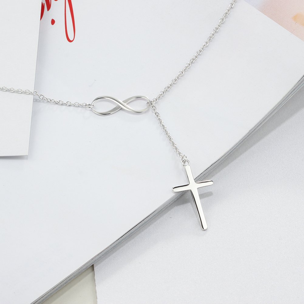 SQKXKLCZ 925 Sterling Silver Infinity Cross Pendant Religious Necklace, Rolo Chain 16''+2''