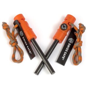 swiss safe 5-in-1 magnesium ferro rod fire starter survival tool - flint & steel striker, compass, paracord & whistle - emergency kit for backpacking, camping, hiking - all-weather - orange, 2-pack