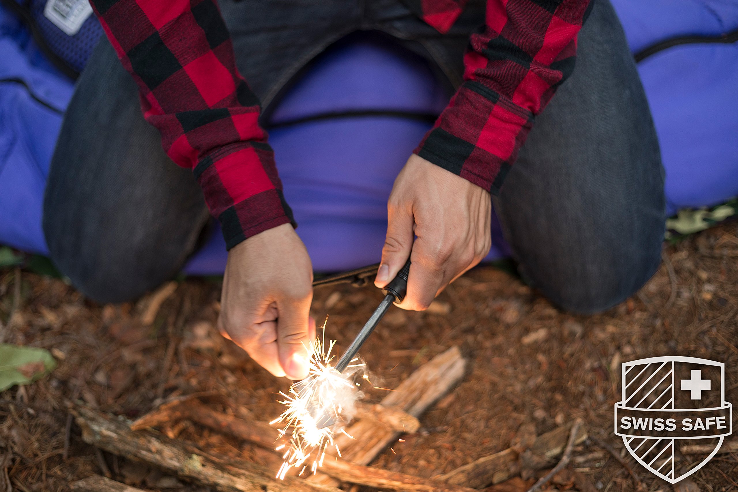 Swiss Safe 5-in-1 Magnesium Ferro Rod Fire Starter Survival Tool - Flint & Steel Striker, Compass, Paracord & Whistle - Emergency Kit for Backpacking, Camping, Hiking - All-Weather - Orange, 2-Pack