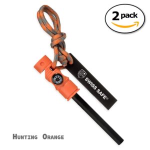 Swiss Safe 5-in-1 Magnesium Ferro Rod Fire Starter Survival Tool - Flint & Steel Striker, Compass, Paracord & Whistle - Emergency Kit for Backpacking, Camping, Hiking - All-Weather - Orange, 2-Pack