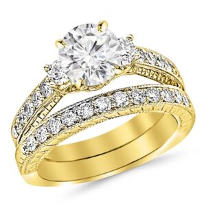 14k yellow gold 1.53 ctw round cut three stone vintage with milgrain & filigree bridal set with wedding band & diamond engagement ring, k color i2 clarity 0.5 ct center