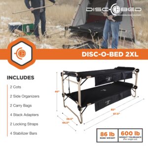 Disc-O-Bed 2XL Cam-O-Bunk Outdoor Convertible 2 Person Bench/Double Camping Cot Portable Bed for Adults with 2 Side Organizers, Black