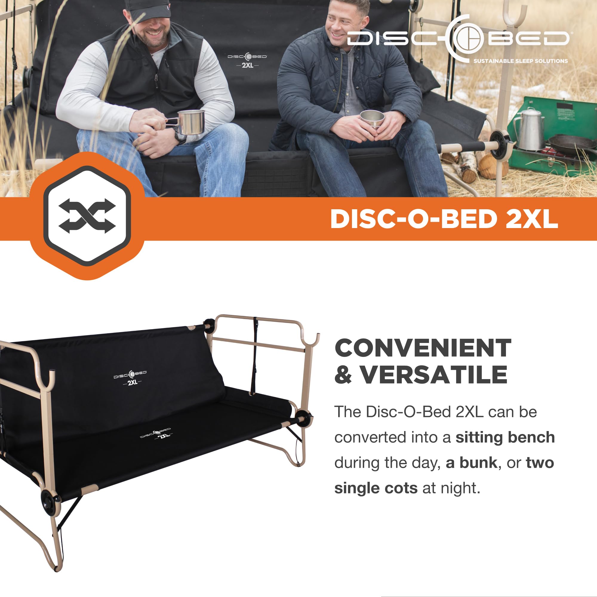 Disc-O-Bed 2XL Cam-O-Bunk Outdoor Convertible 2 Person Bench/Double Camping Cot Portable Bed for Adults with 2 Side Organizers, Black