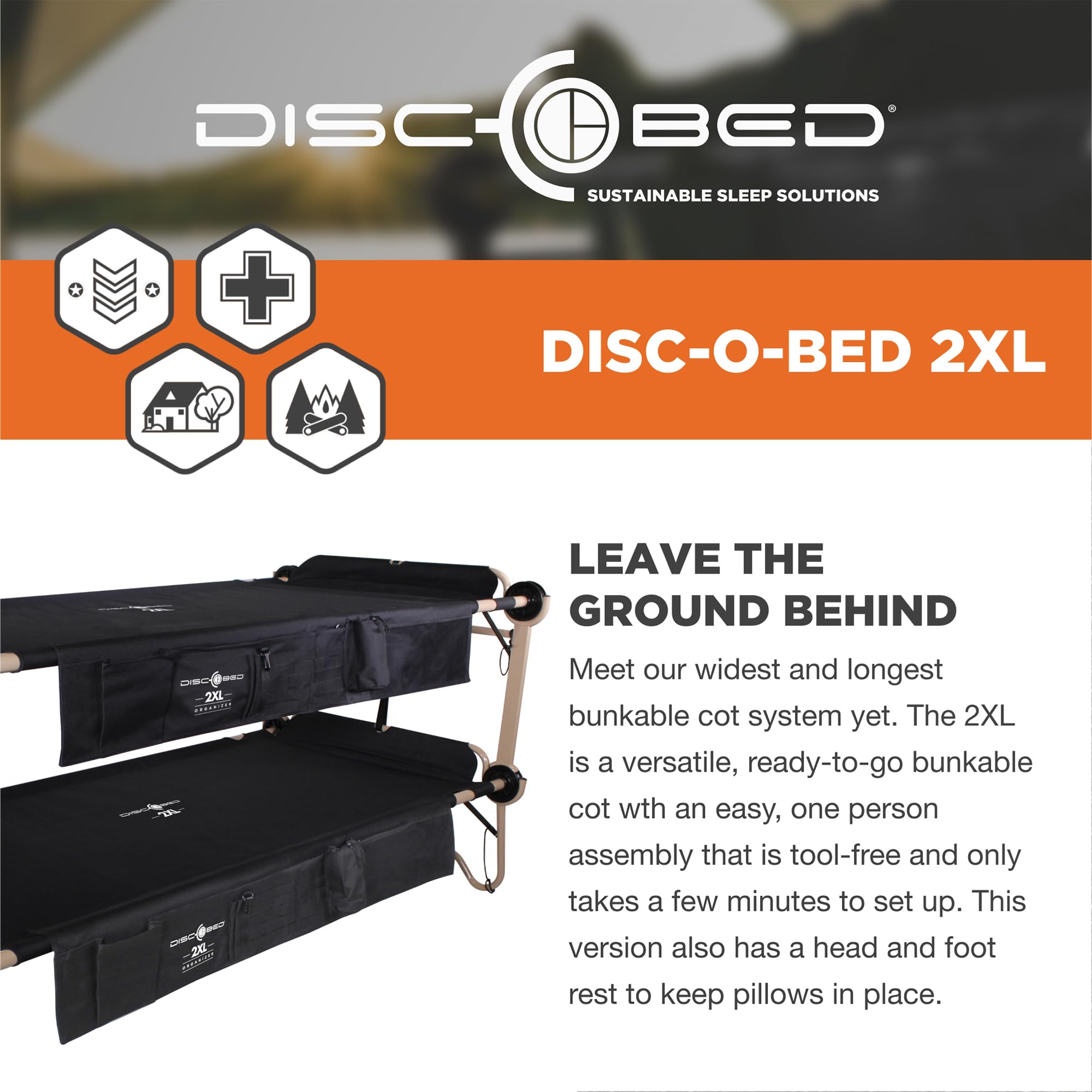 Disc-O-Bed 2XL Cam-O-Bunk Outdoor Convertible 2 Person Bench/Double Camping Cot Portable Bed for Adults with 2 Side Organizers, Black