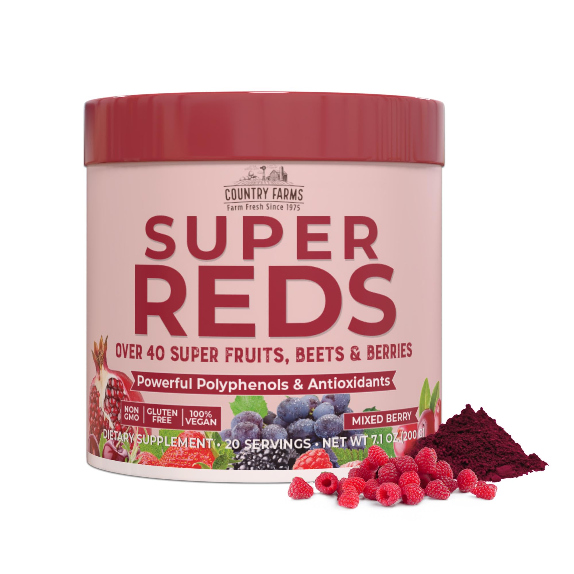 COUNTRY FARMS Super Reds, Energizing Polyphenol Superfood, 48 Super Fruits and Berries, Powerful Antioxidants and Polyphenols, Supports Energy, 20 Servings, Mixed Berry Flavor