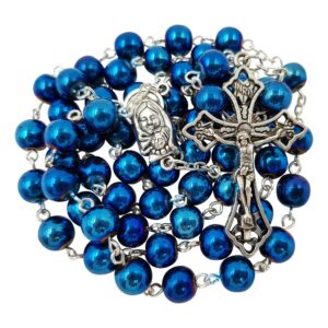 talisman4u 8mm blue hematite beads catholic rosary necklace for men women virgin mary medal cross crucifix in gift box