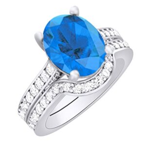 AFFY 3.39 cttw Simulated London Blue Topaz & White Natural Diamond Engagement Wedding Ring Set in 14k White Gold Ring Size 6