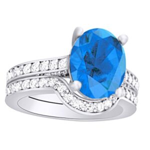 AFFY 3.39 cttw Simulated London Blue Topaz & White Natural Diamond Engagement Wedding Ring Set in 14k White Gold Ring Size 6