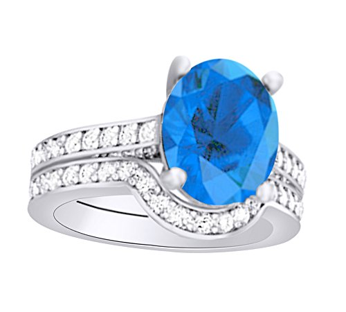 AFFY 3.39 cttw Simulated London Blue Topaz & White Natural Diamond Engagement Wedding Ring Set in 14k White Gold Ring Size 6