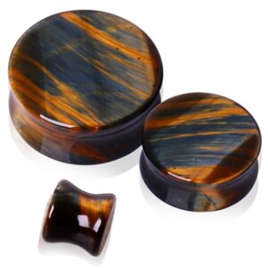 pair of natural blue tiger eye stone saddle plug double flare ear lobe plugs (1" (25mm))