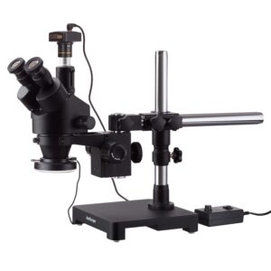 amscope 7x-135x black trinocular stereo zoom microscope on single arm boom stand + 144 led ring-light with usb2.0 5mp camera