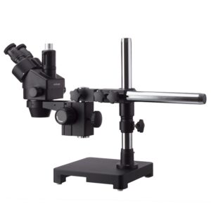 AmScope 7X-135X Black Trinocular Stereo Zoom Microscope on Single Arm Boom Stand + 144 LED Ring-Light with USB2.0 5MP Camera