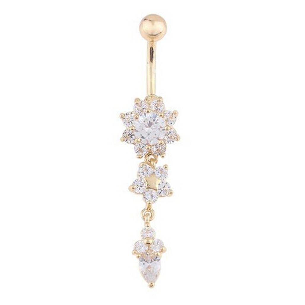 BeeSpring Sexy Women Crystal Ring Body Dangle Ball Barbell Bar Belly Button Ring Navel Ring (Gold)