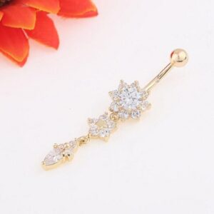 BeeSpring Sexy Women Crystal Ring Body Dangle Ball Barbell Bar Belly Button Ring Navel Ring (Gold)