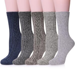 mqelong womens 5 pairs soft thick comfort casual cotton warm wool crew winter socks (5 pack solid color b)