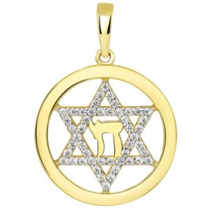 jewelry america 14k yellow gold round cz jewish star of david with chai symbol pendant