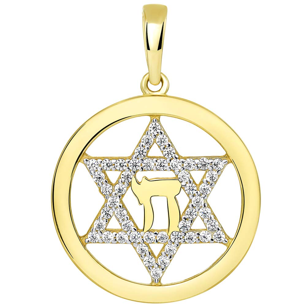 Jewelry America 14k Yellow Gold Round CZ Jewish Star of David with Chai Symbol Pendant