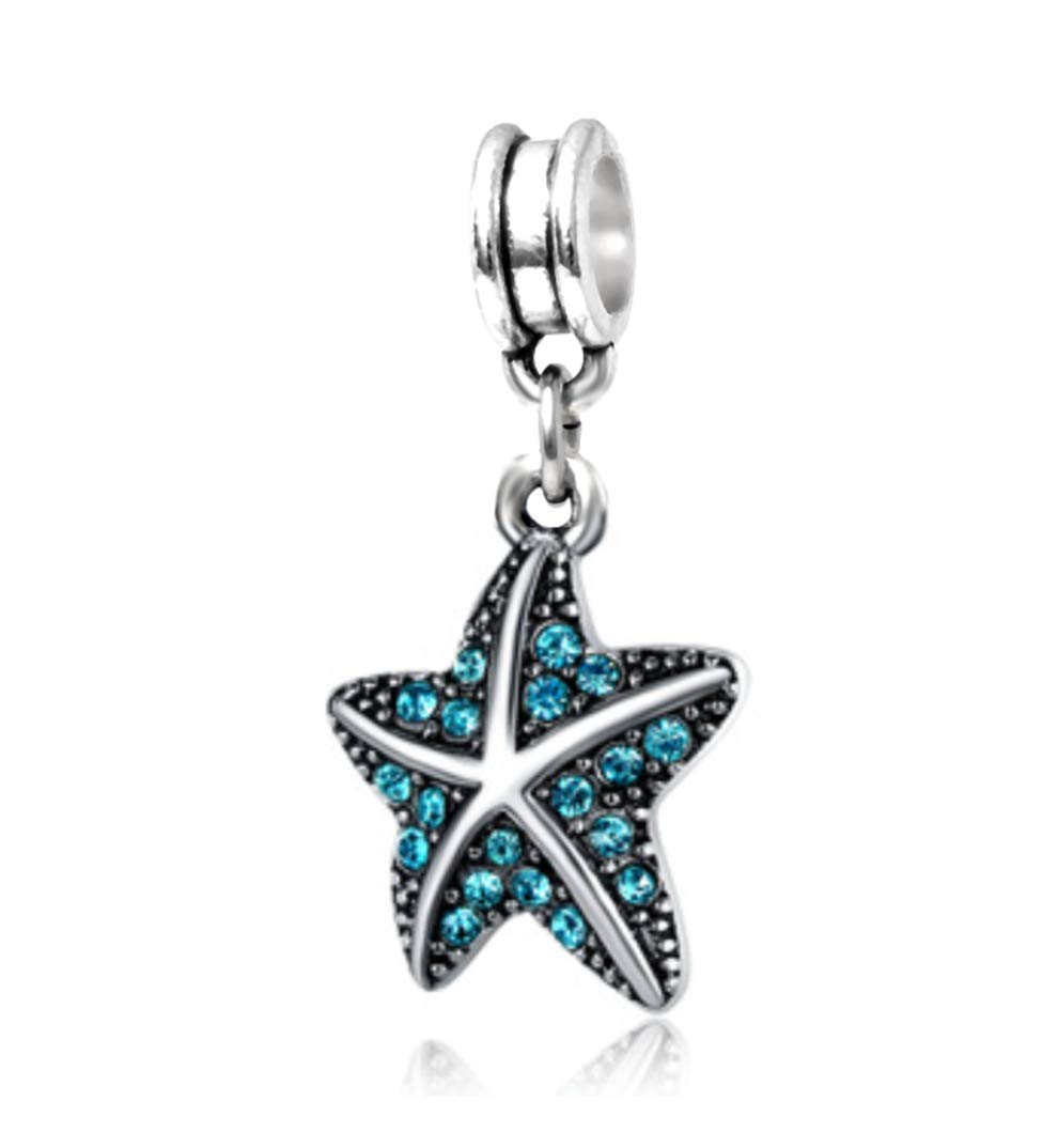 Dangle Blue Starfish with Crystals Charm Bead for Charms Bracelets