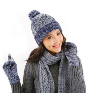 dtbg knitted beanie gloves & scarf winter set warm thick fashion hat mittens 3 in 1 cold weather for women blue