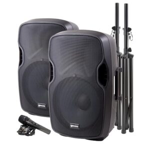 gemini sound bluetooth dual active/passive 15" inch woofer 2000w watts speaker pa system, xlr input/output, 1/4" inch mic, rca/aux inputs, usb sd card, mixer stands cables microphone set bundle