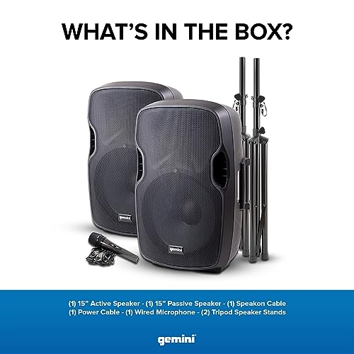 Gemini Sound Bluetooth Dual Active/Passive 15" Inch Woofer 2000W Watts Speaker PA System, XLR Input/Output, 1/4" Inch Mic, RCA/AUX Inputs, USB SD Card, Mixer Stands Cables Microphone Set Bundle