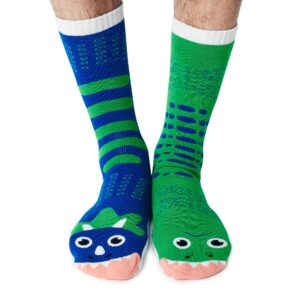 pals t-rex & triceratops crew socks for adults, mismatched style, durable & cozy pair for men & women, funny, crazy, & funky, 1 pair