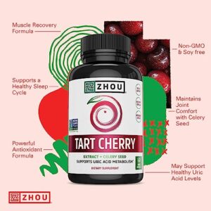 Zhou Tart Cherry Extract with Celery Seed | Advanced Uric Acid Cleanse for Joint Comfort, Healthy Sleep Cycles & Muscle Recovery | 30 Servings, 60 Veggie Caps