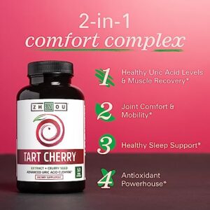 Zhou Tart Cherry Extract with Celery Seed | Advanced Uric Acid Cleanse for Joint Comfort, Healthy Sleep Cycles & Muscle Recovery | 30 Servings, 60 Veggie Caps