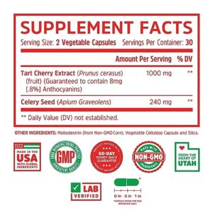 Zhou Tart Cherry Extract with Celery Seed | Advanced Uric Acid Cleanse for Joint Comfort, Healthy Sleep Cycles & Muscle Recovery | 30 Servings, 60 Veggie Caps