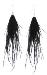 black feather women earrings bohemian long drop black light wedding accessories (black, silver-plated-base)