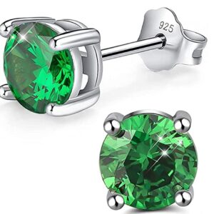 1 Pair Adabele Real 925 Sterling Silver Hypoallergenic May Birthstone Round Cut Stud Earrings 8mm CZ Green Emerald Stone Solitaire Studs Anniversary Birthday Gift SSE64