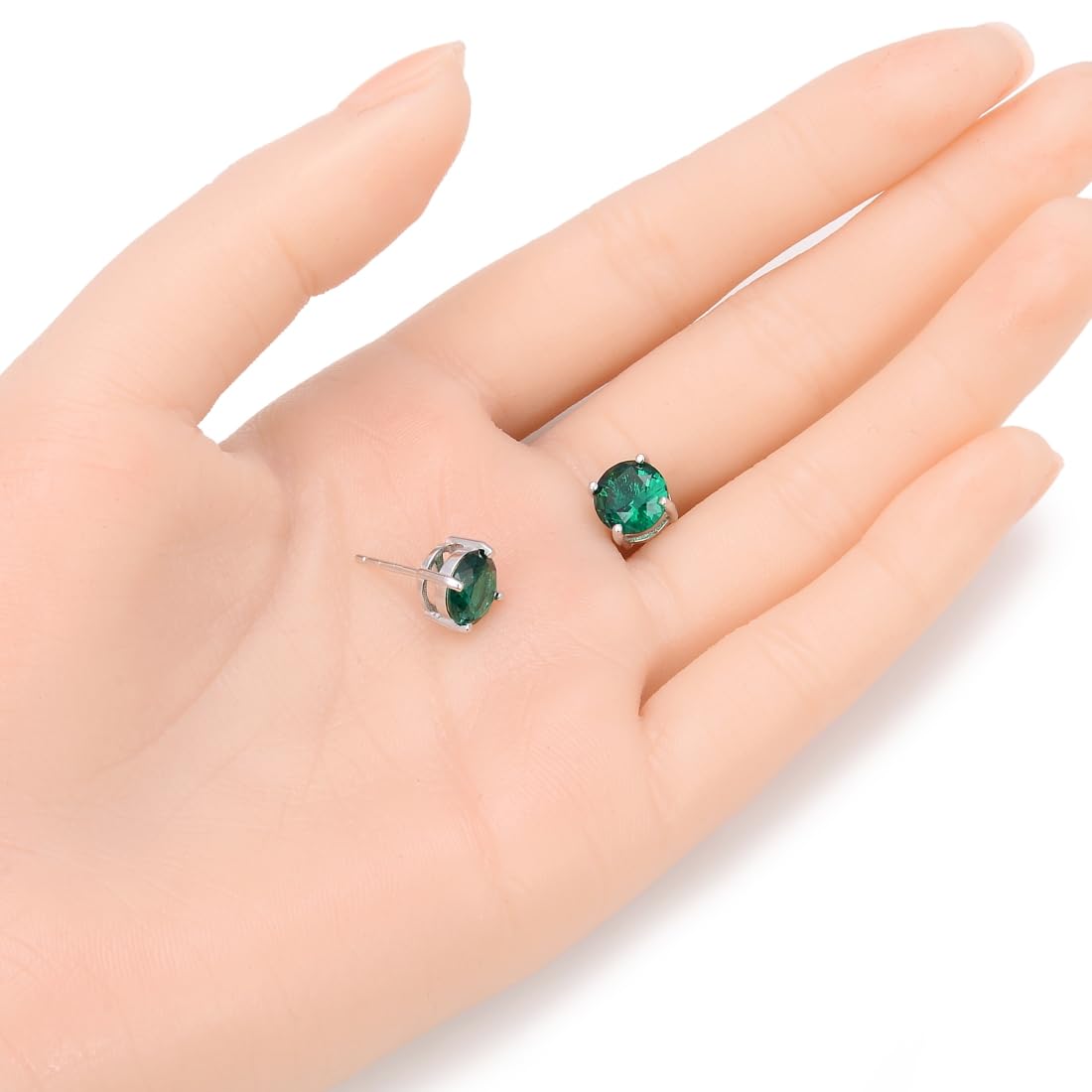 1 Pair Adabele Real 925 Sterling Silver Hypoallergenic May Birthstone Round Cut Stud Earrings 8mm CZ Green Emerald Stone Solitaire Studs Anniversary Birthday Gift SSE64