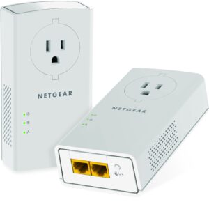 netgear powerline adapter kit, 2000 mbps wall-plug, 2 gigabit ethernet ports with passthrough + extra outlet (plp2000-100pas), white