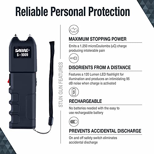 SABRE Pepper Spray & 3-in-1 Stun Gun with Flashlight and Anti-Grab Bar Technology, Self Defense Kit, 35 Bursts, 10 Ft (3 m) Range, 120 Lumens LED Light, Rechargeable Battery (Set of 2)