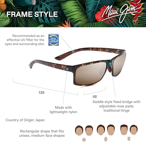 Maui Jim Pokowai Arch W/Patented Polarizedplus2 Lenses Rectangular Sunglasses Pure Collection Polarized, Olive Tortoise/HCL Bronze, Medium