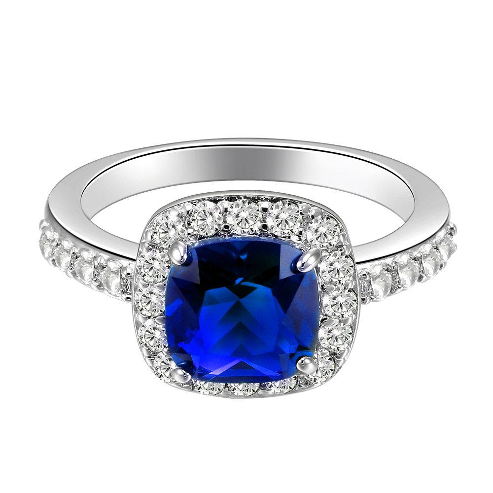 Impression Collection Square Sapphire Rings Wedding Party Statement CZ Cocktails Gold Plated Classic Fashion Size 5-10 (Blue, 7)