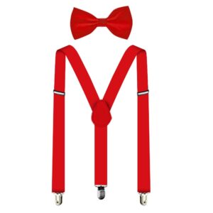 fatos suspenders for men,women adjustable suspends bow tie set solid color y shape (red)