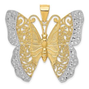 diamond2deal 14k yellow gold and rhodium polished filigree butterfly pendant (l- 36 mm w- 36 mm)