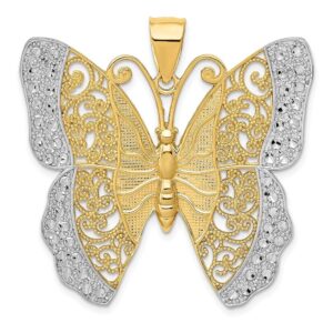 Diamond2Deal 14k Yellow Gold And Rhodium Polished Filigree Butterfly Pendant (L- 36 mm W- 36 mm)