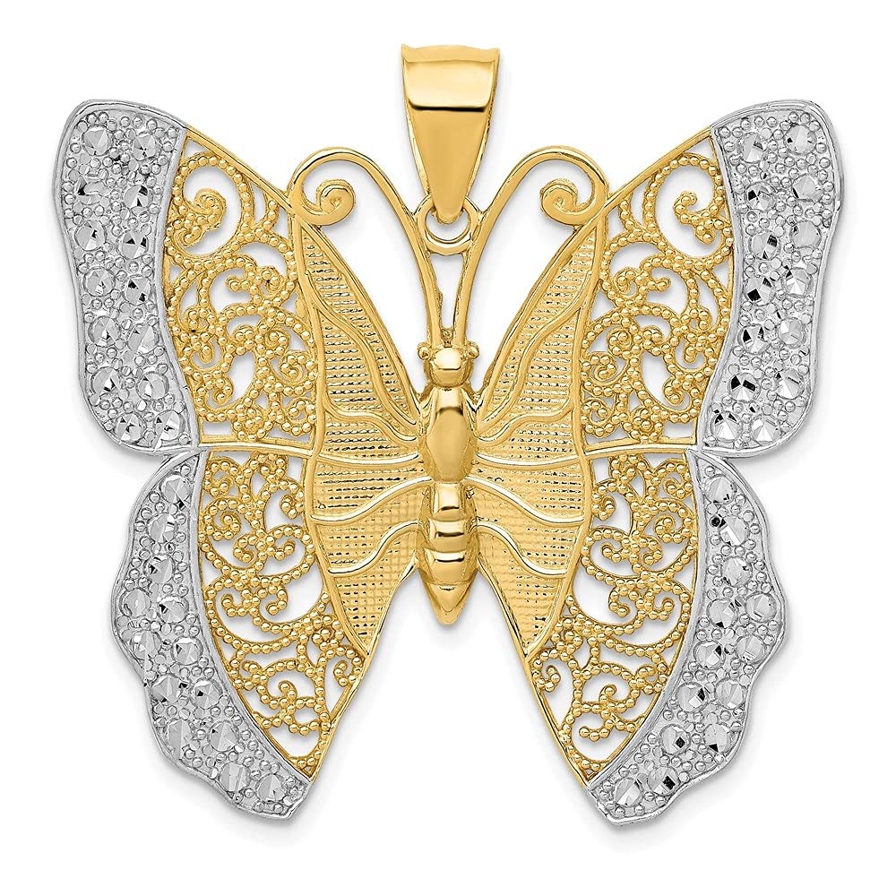 Diamond2Deal 14k Yellow Gold And Rhodium Polished Filigree Butterfly Pendant (L- 36 mm W- 36 mm)