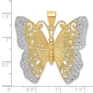 Diamond2Deal 14k Yellow Gold And Rhodium Polished Filigree Butterfly Pendant (L- 36 mm W- 36 mm)