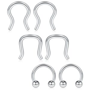 ruifan 316l surgical steel u-shaped & horseshoe nose septum hanger retainer nose hoop cartilage tragus rings 14g 6pcs - silver