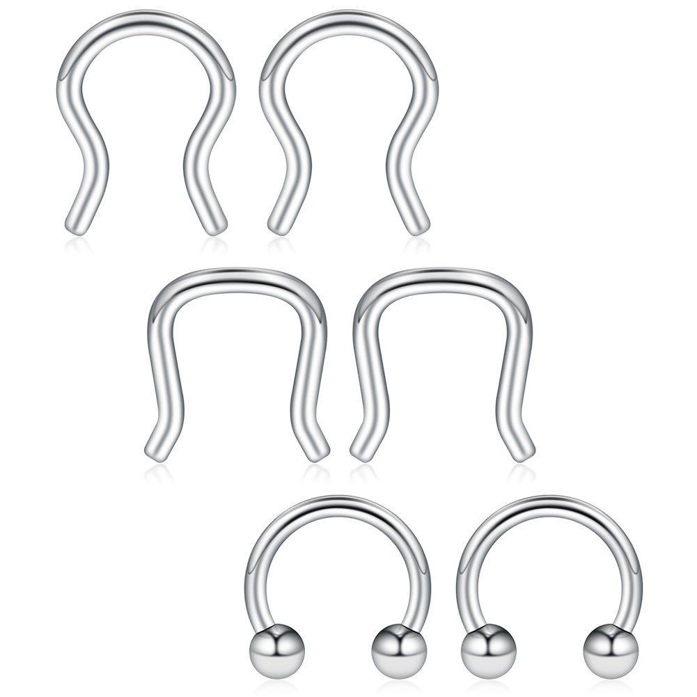 Ruifan 316L Surgical Steel U-Shaped & Horseshoe Nose Septum Hanger Retainer Nose Hoop Cartilage Tragus Rings 14g 6PCS - Silver