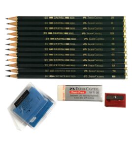 faber-castell 9000 graphite sketch pencil art set (8b - 2h) with kneaded art eraser, large dust free eraser and sharpener