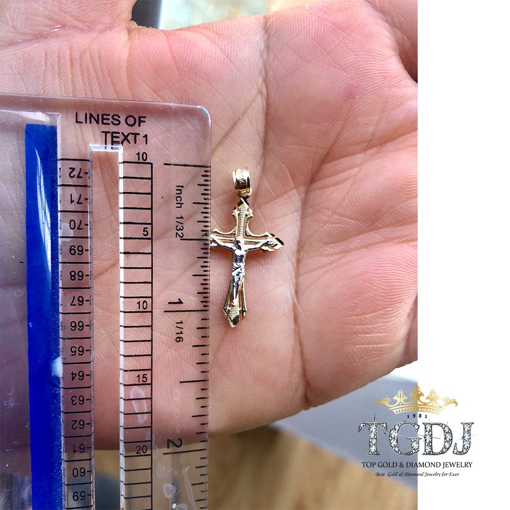 14K Real Gold Two Tone Linear Jesus Cross Pendant - 25x16 MM Crucifix Charm Necklace Pendant - Great Gift for Men & Women