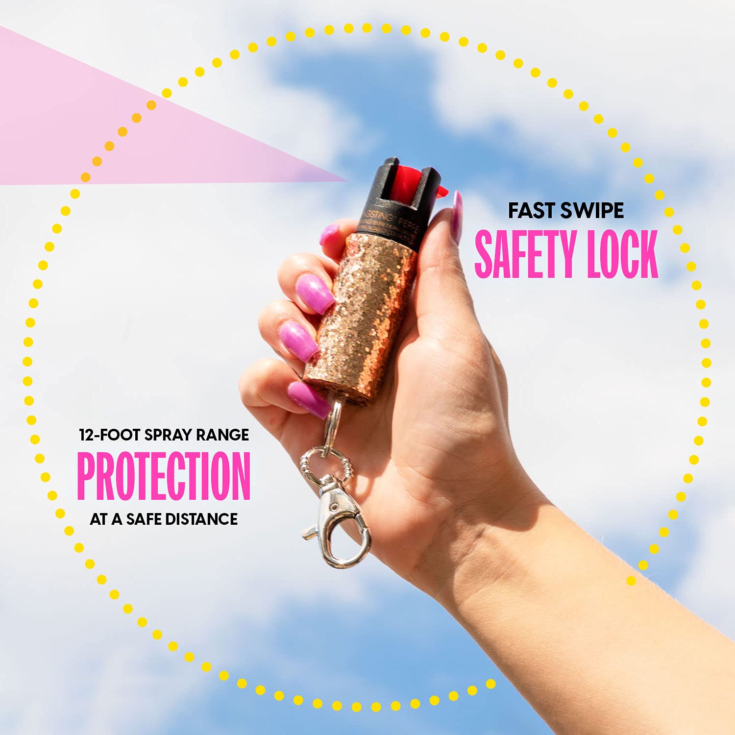 Champagne Gold Glitter Pepper Spray Keychain For Women - Supercute Trendy Safety Accessory With Max Stopping Power 10% Oc, Campus Safety Essentials, Secure Lock, Honey Rose Gold Sequins