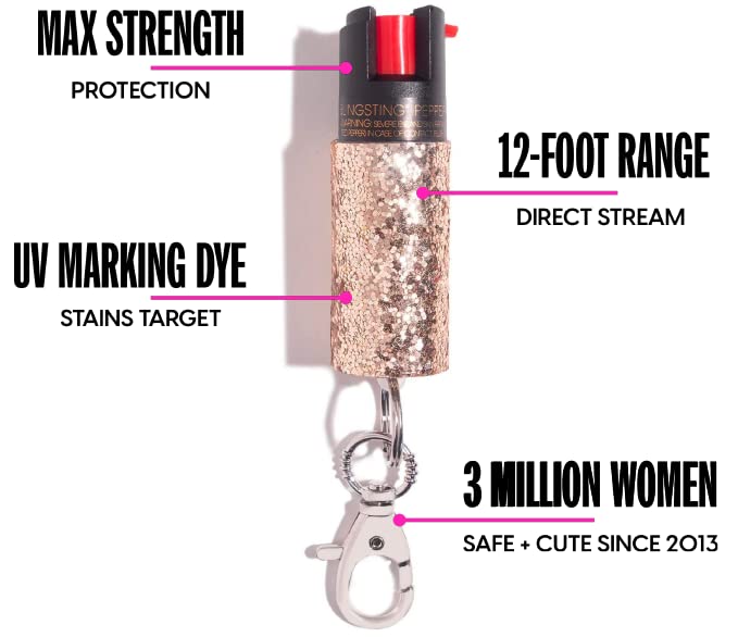 Champagne Gold Glitter Pepper Spray Keychain For Women - Supercute Trendy Safety Accessory With Max Stopping Power 10% Oc, Campus Safety Essentials, Secure Lock, Honey Rose Gold Sequins