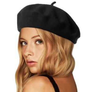 wheebo wool beret hat,solid color french style winter warm cap for women girls(black)